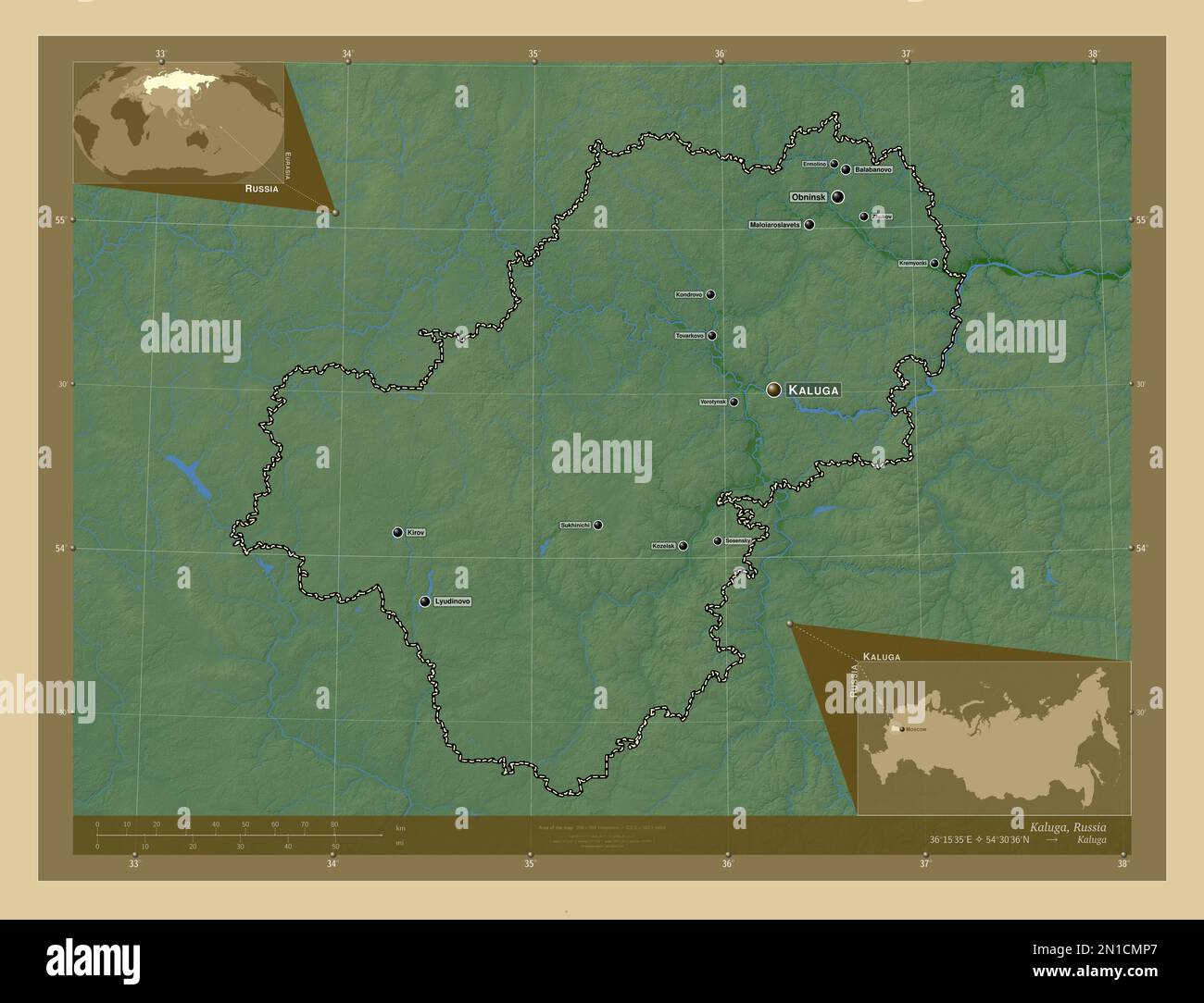 Kaluga, region of Russia. Colored elevation map with lakes and rivers ...