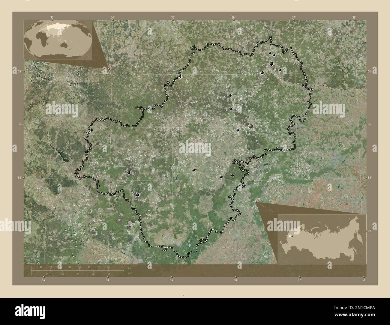 Kaluga, region of Russia. High resolution satellite map. Locations of ...