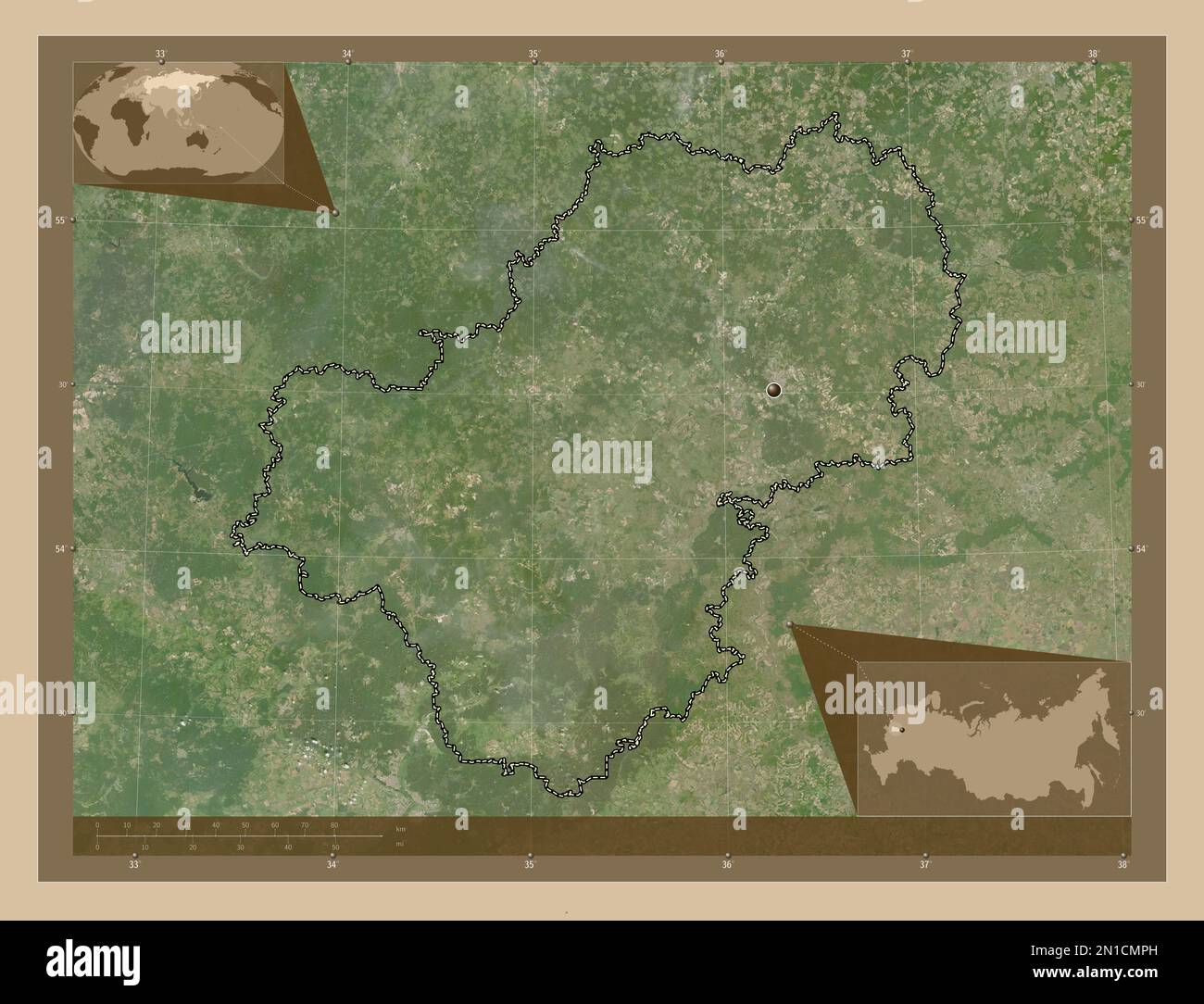 Kaluga, region of Russia. Low resolution satellite map. Corner ...
