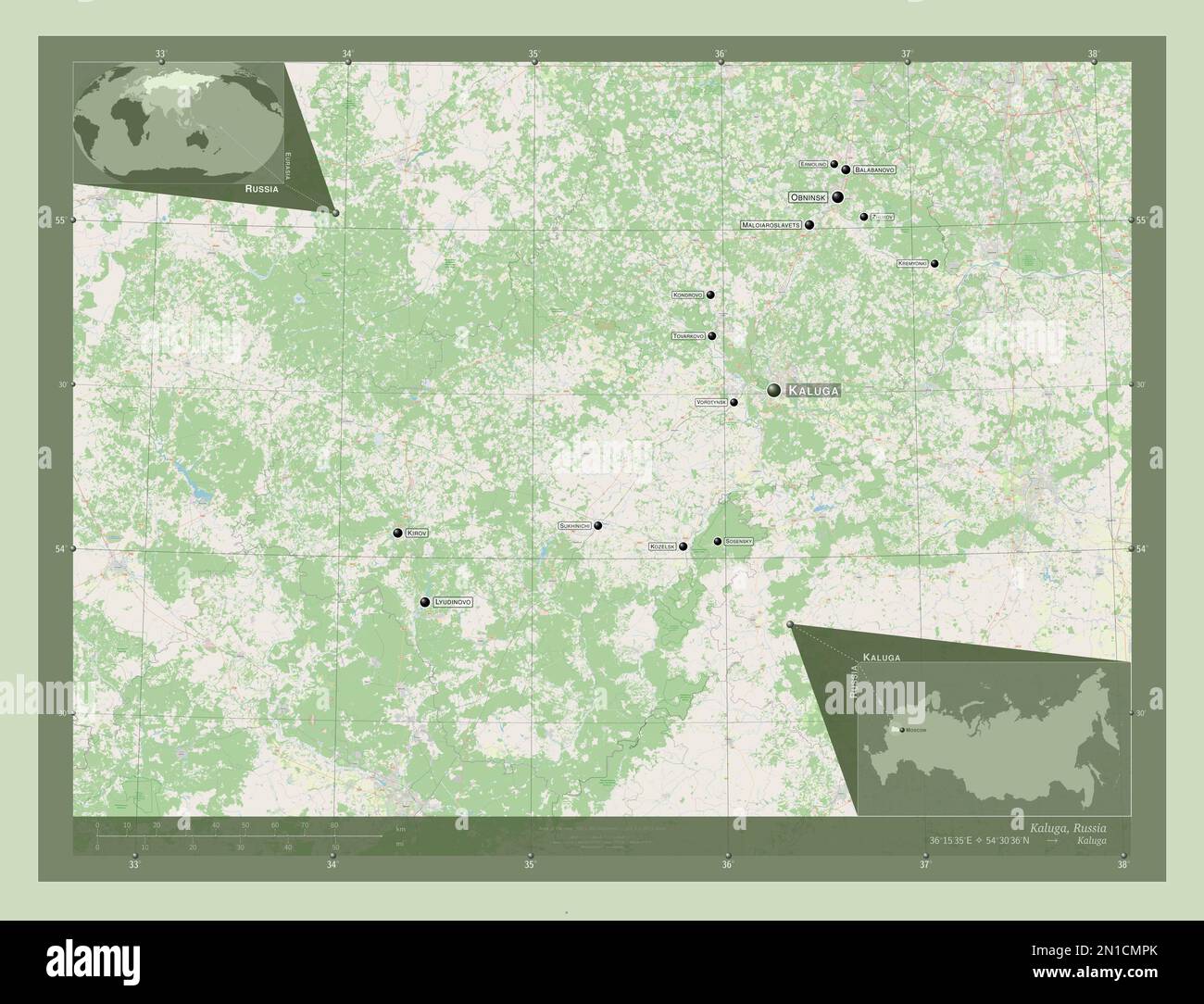 Kaluga, region of Russia. Open Street Map. Locations and names of major ...