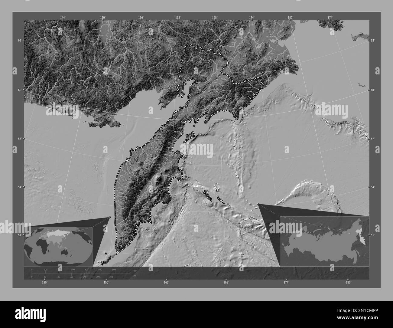 Kamchatka, territory of Russia. Bilevel elevation map with lakes and ...