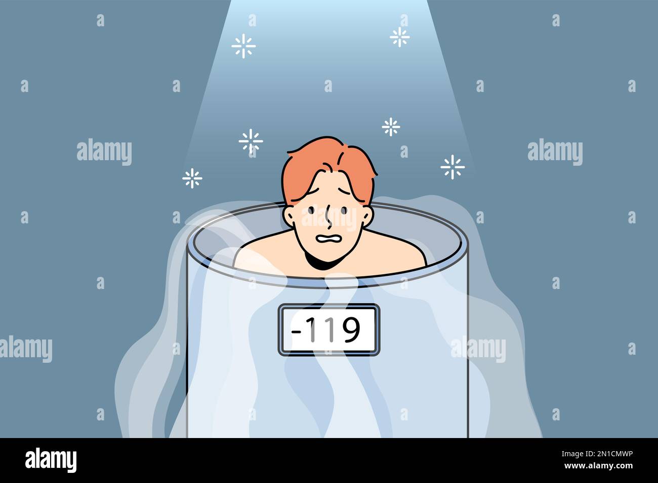 Unhappy man in reservoir undergo cryotherapy procedure in clinic or spa ...