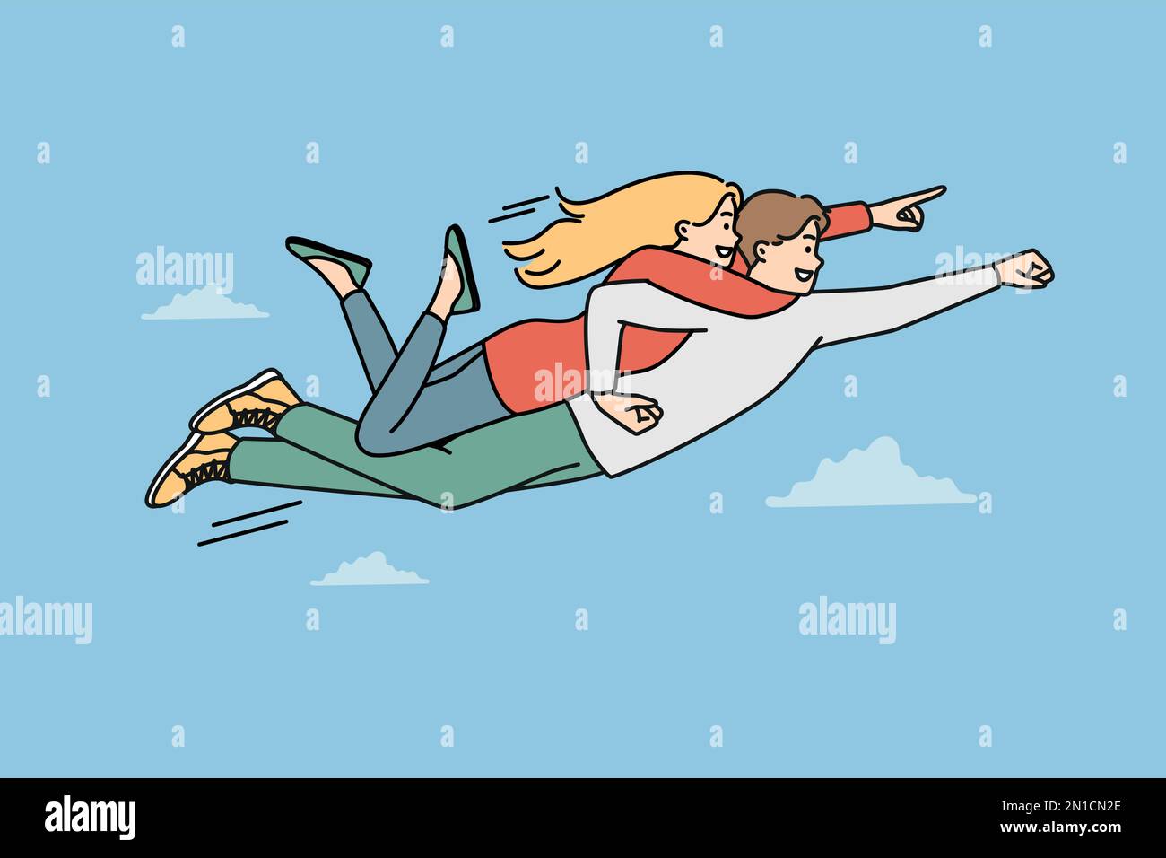 Smiling courageous man as superhero with woman on back flying in air ...
