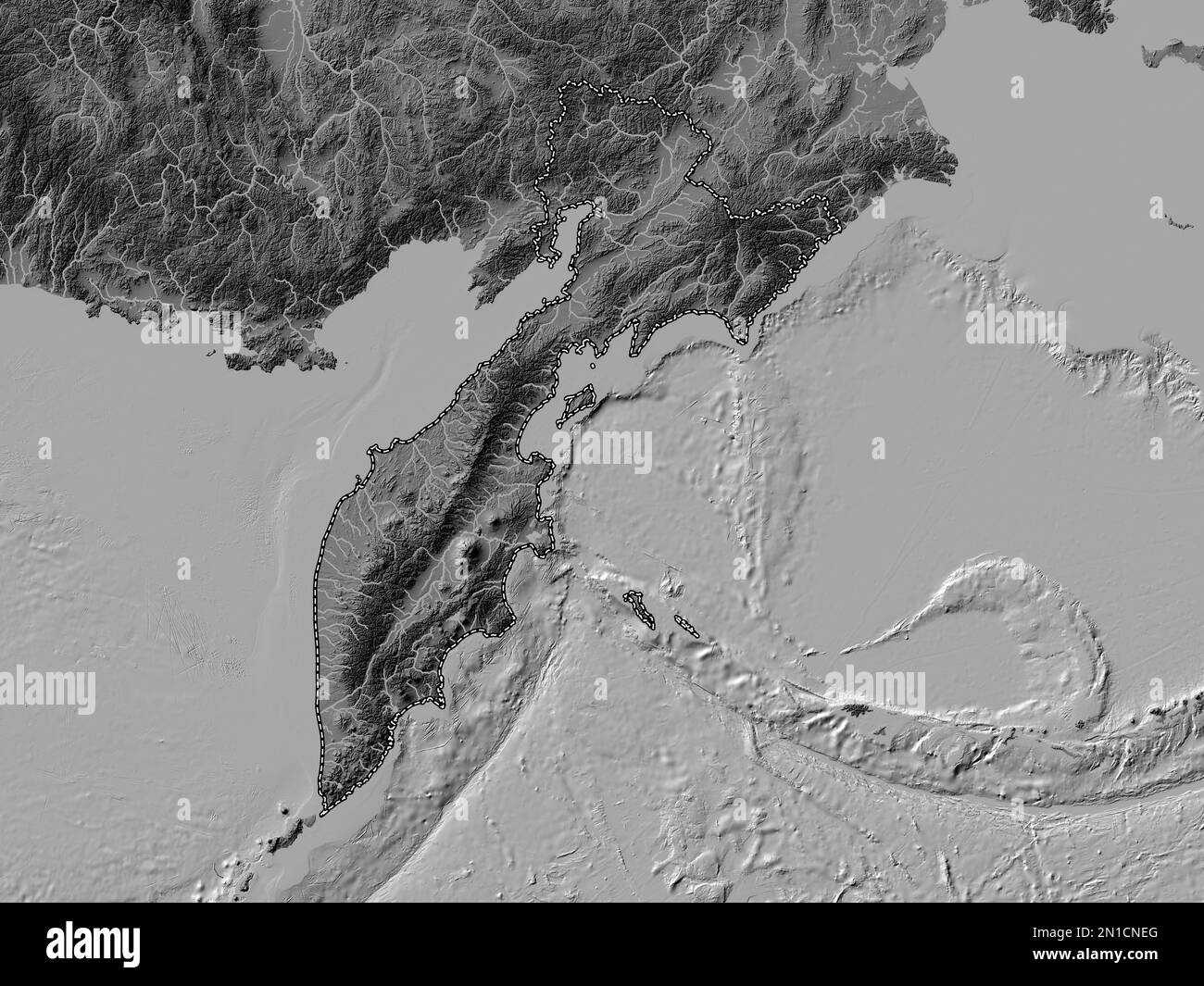 Kamchatka, territory of Russia. Bilevel elevation map with lakes and ...