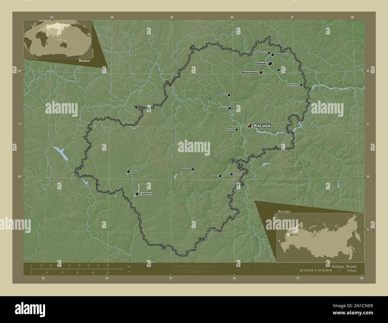 Kaluga, region of Russia. Elevation map colored in wiki style with ...