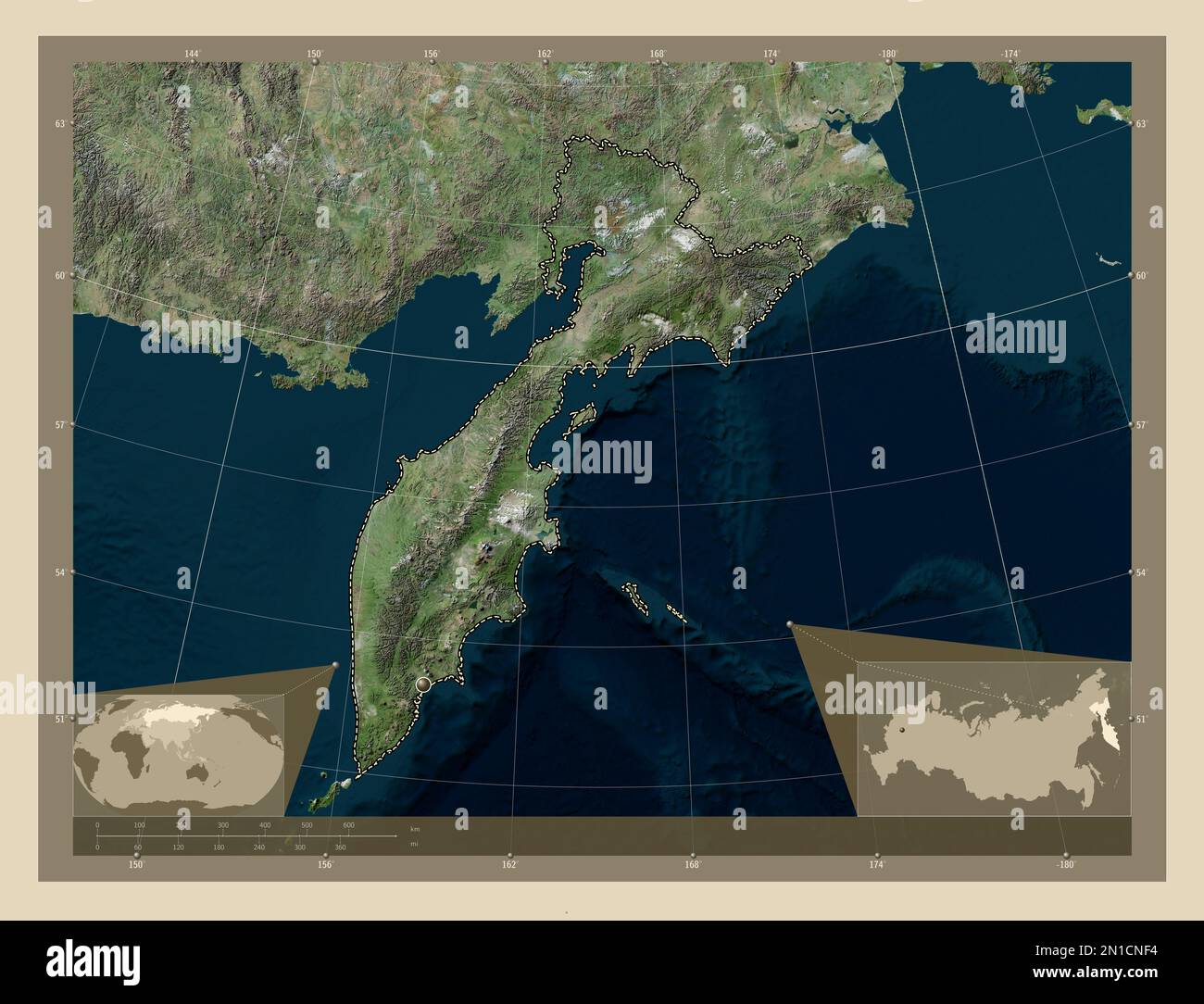 Kamchatka, territory of Russia. High resolution satellite map. Corner ...