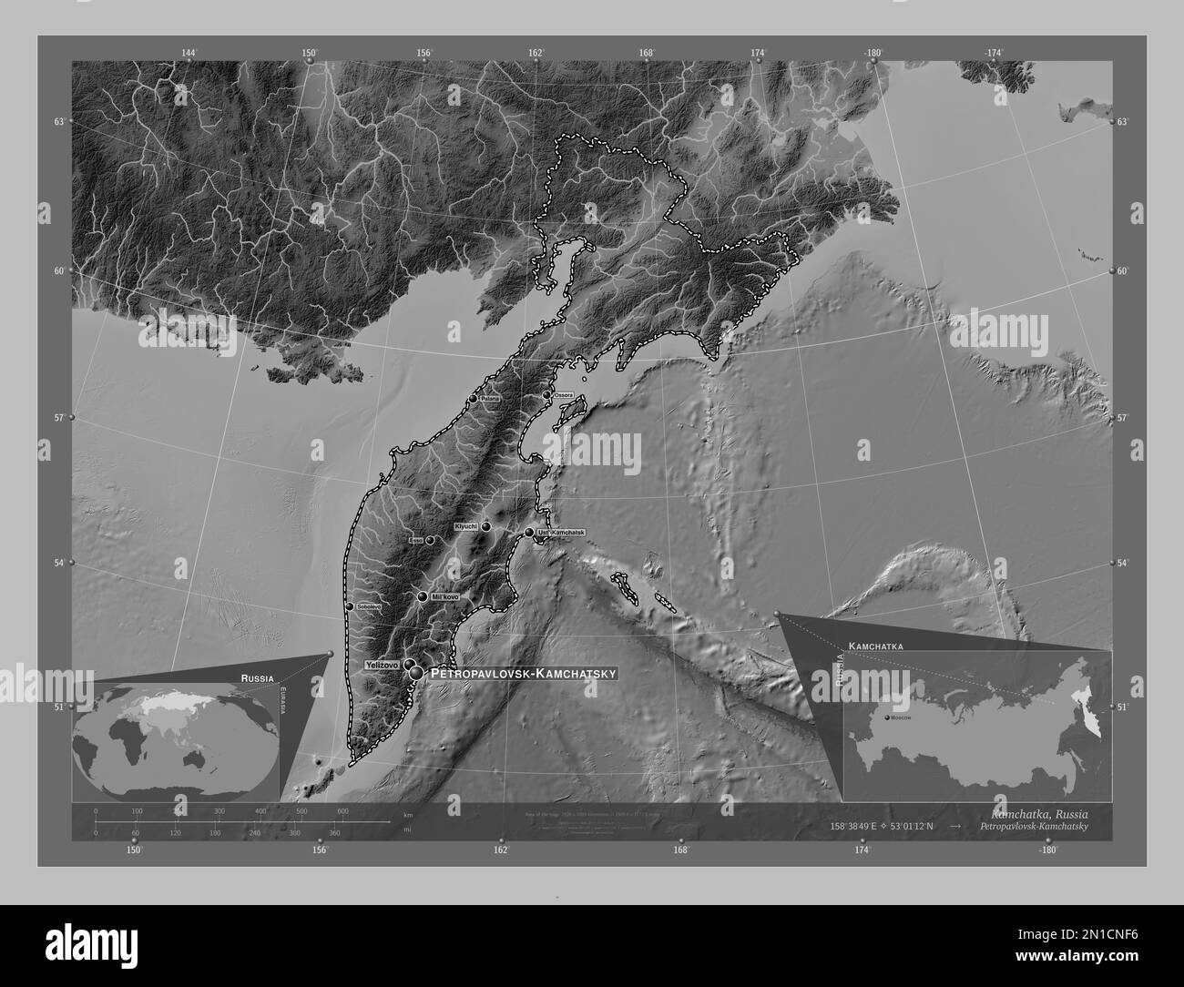 Kamchatka, territory of Russia. Grayscale elevation map with lakes and ...