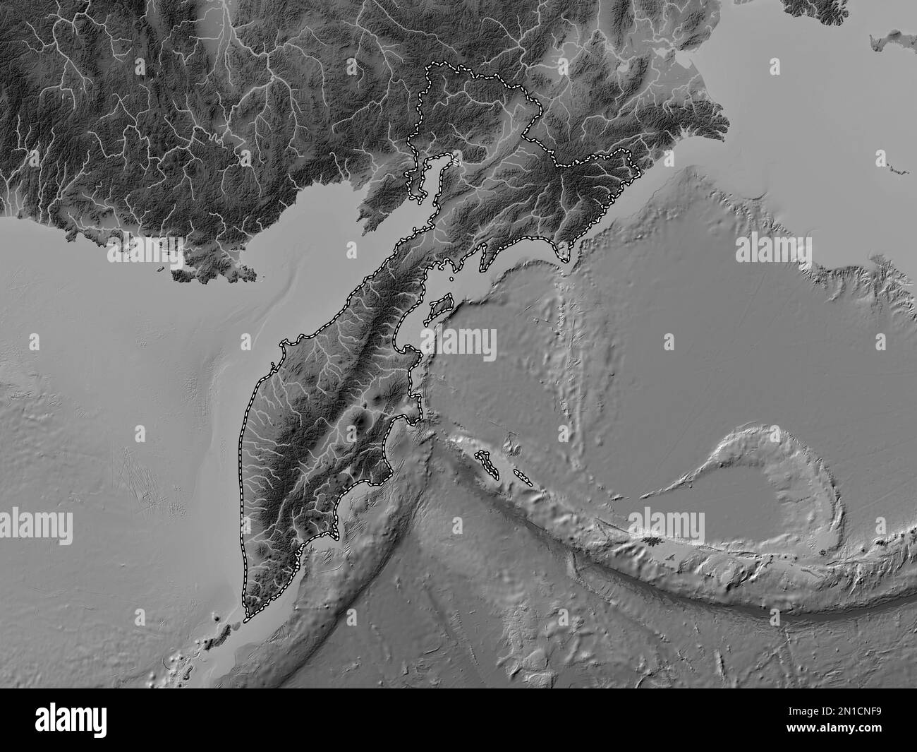 Kamchatka, territory of Russia. Grayscale elevation map with lakes and ...