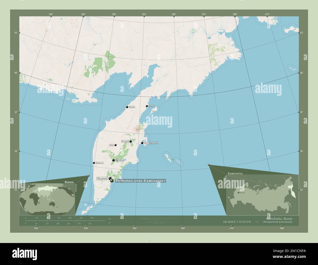 Kamchatka, territory of Russia. Open Street Map. Locations and names of ...