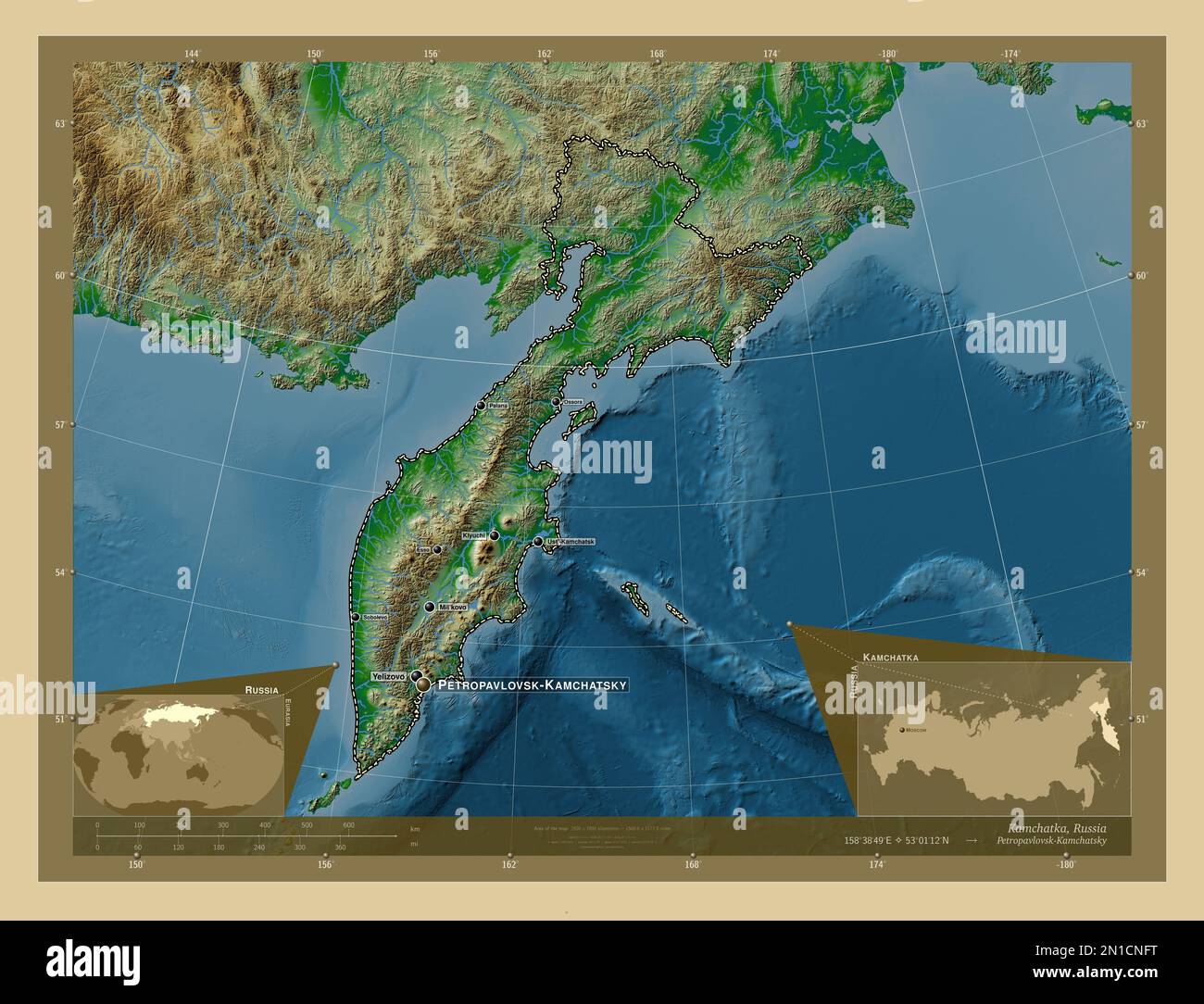 Kamchatka, territory of Russia. Colored elevation map with lakes and ...