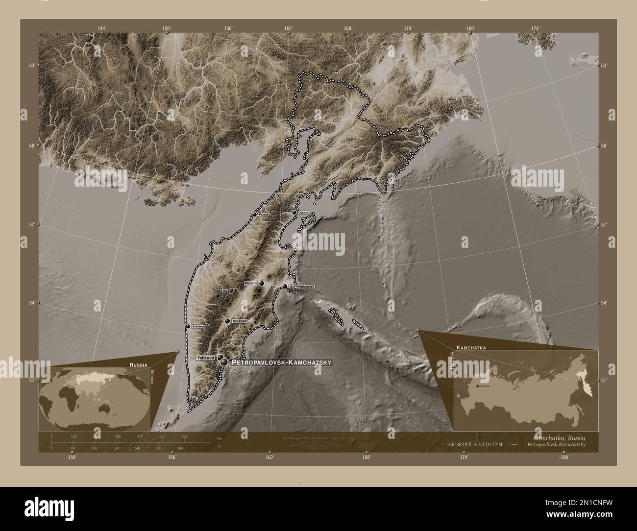 Kamchatka, territory of Russia. Elevation map colored in sepia tones ...