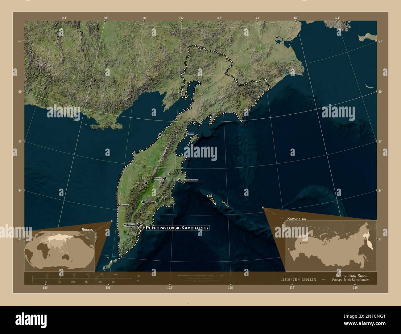 Kamchatka, territory of Russia. Low resolution satellite map. Locations and names of major ...