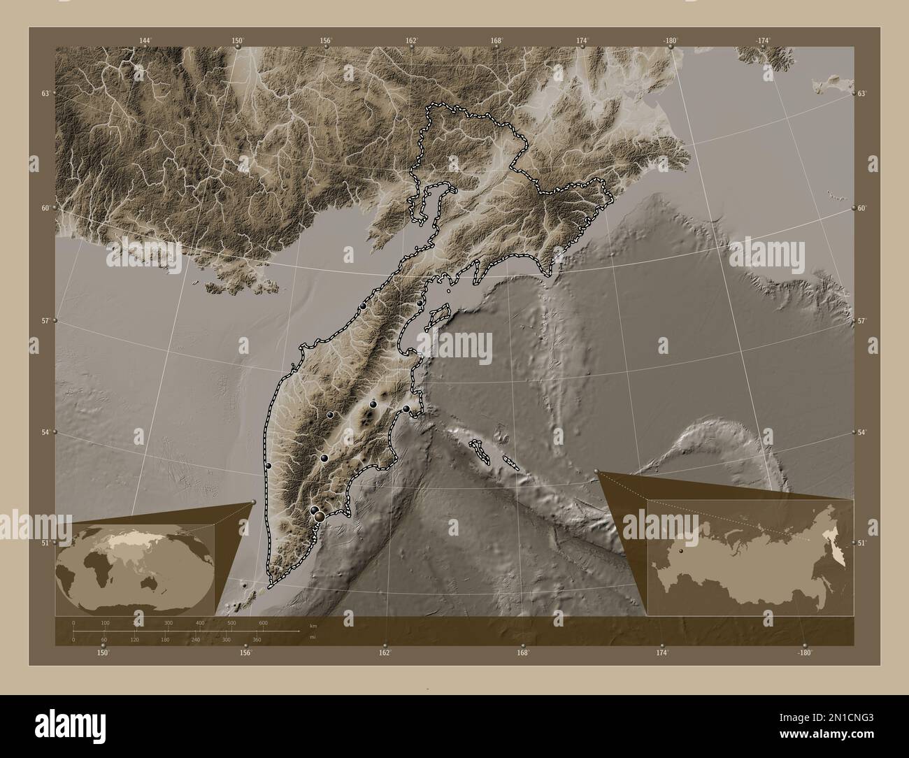 Kamchatka, territory of Russia. Elevation map colored in sepia tones ...