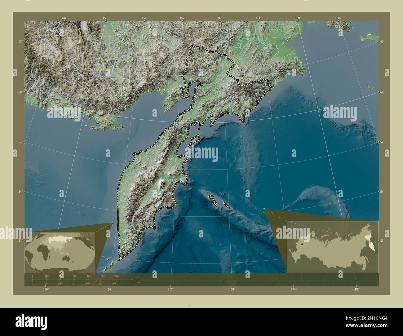 Kamchatka, territory of Russia. Elevation map colored in wiki style with lakes and rivers ...