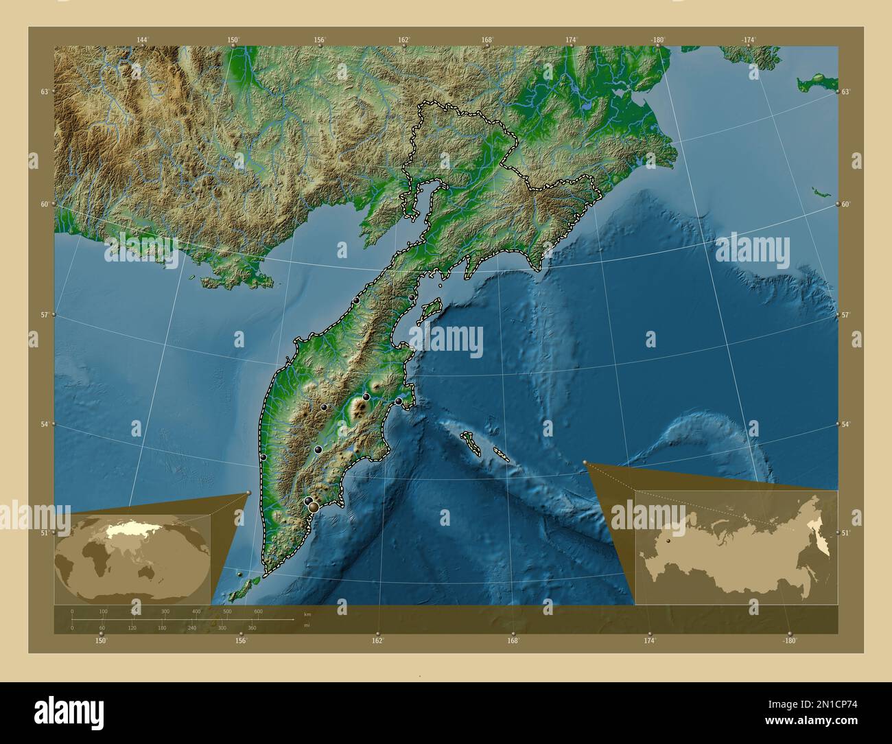 Kamchatka, territory of Russia. Colored elevation map with lakes and ...