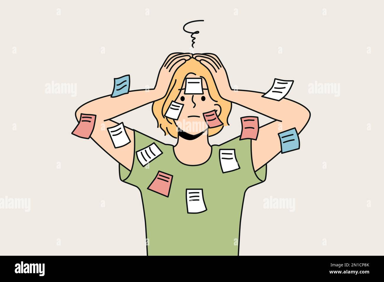 Confused young woman with numerous post-it notes on face and body ...