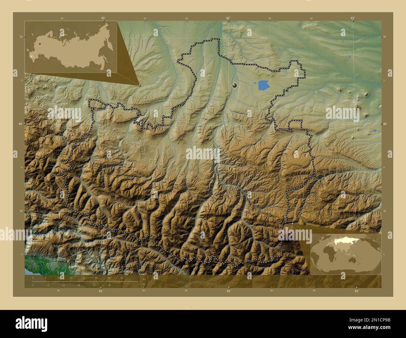 Karachay-Cherkess, republic of Russia. Colored elevation map with lakes ...