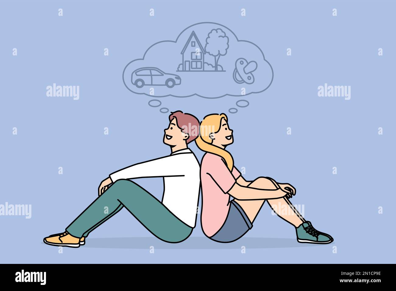 Happy dreamy couple imagine bright future together. Smiling man and ...