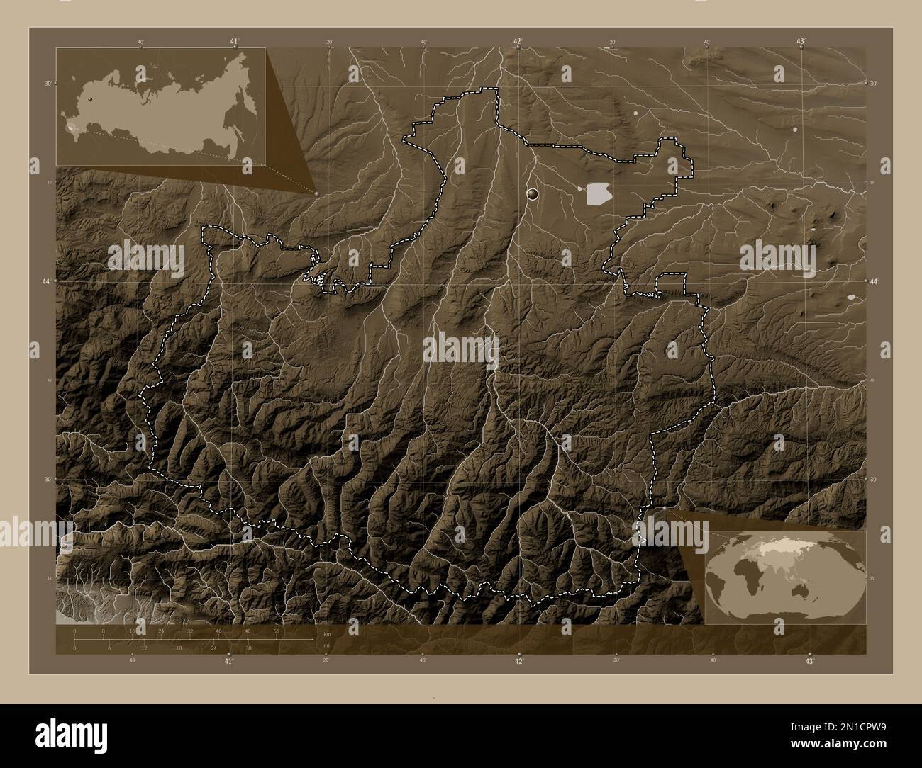 Karachay-Cherkess, republic of Russia. Elevation map colored in sepia ...