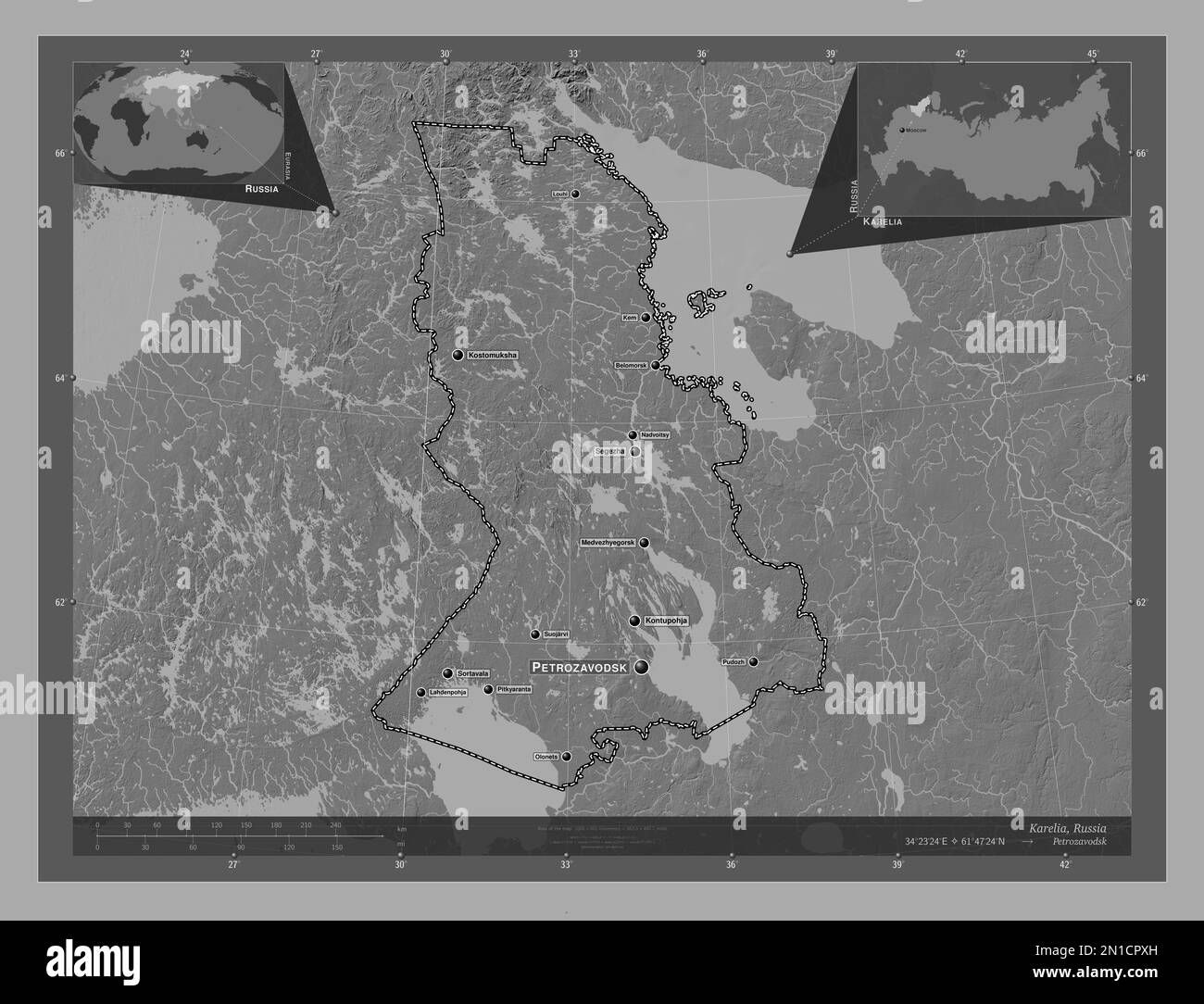 Karelia, republic of Russia. Bilevel elevation map with lakes and ...