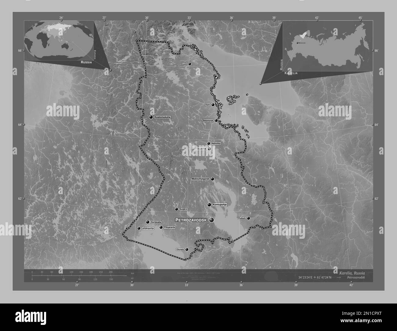Karelia, republic of Russia. Grayscale elevation map with lakes and ...