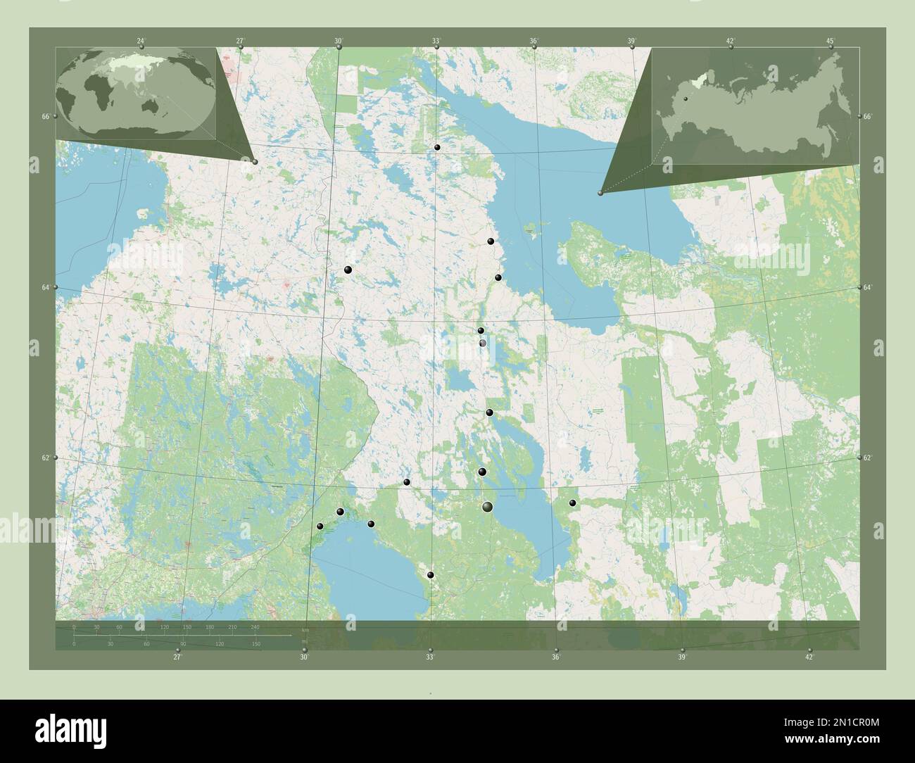 Karelia, republic of Russia. Open Street Map. Locations of major cities ...