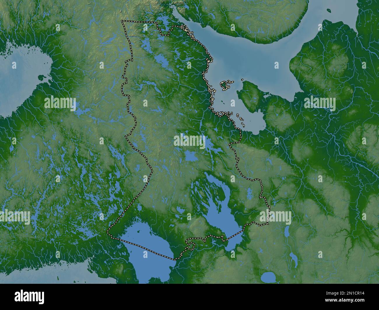 Karelia, republic of Russia. Colored elevation map with lakes and ...