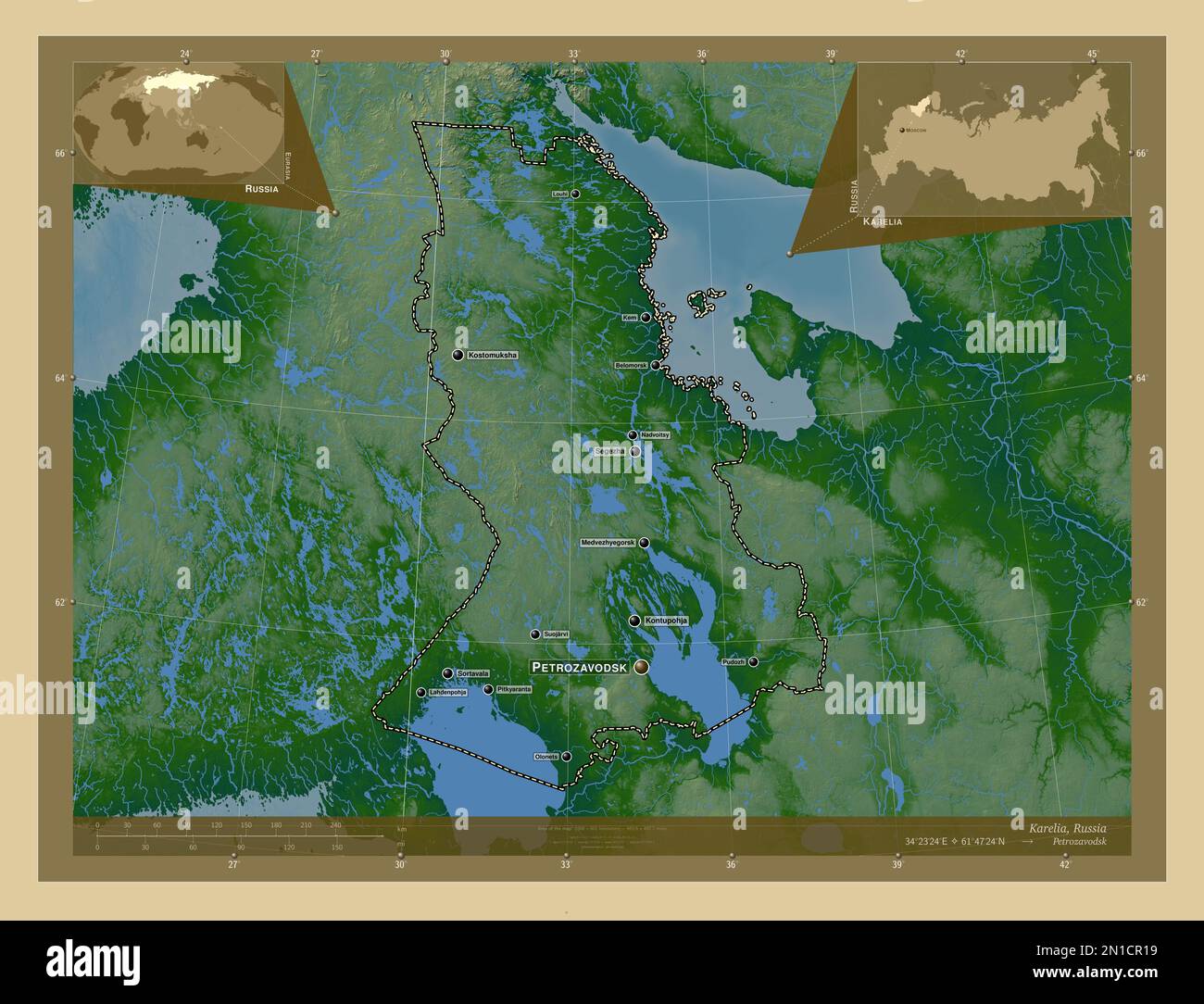 Karelia, republic of Russia. Colored elevation map with lakes and ...