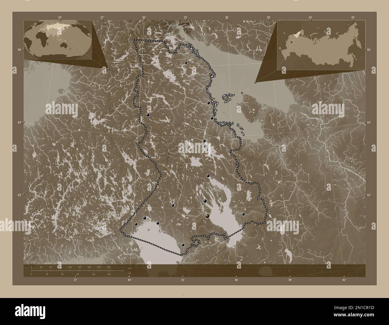 Karelia, republic of Russia. Elevation map colored in sepia tones with ...