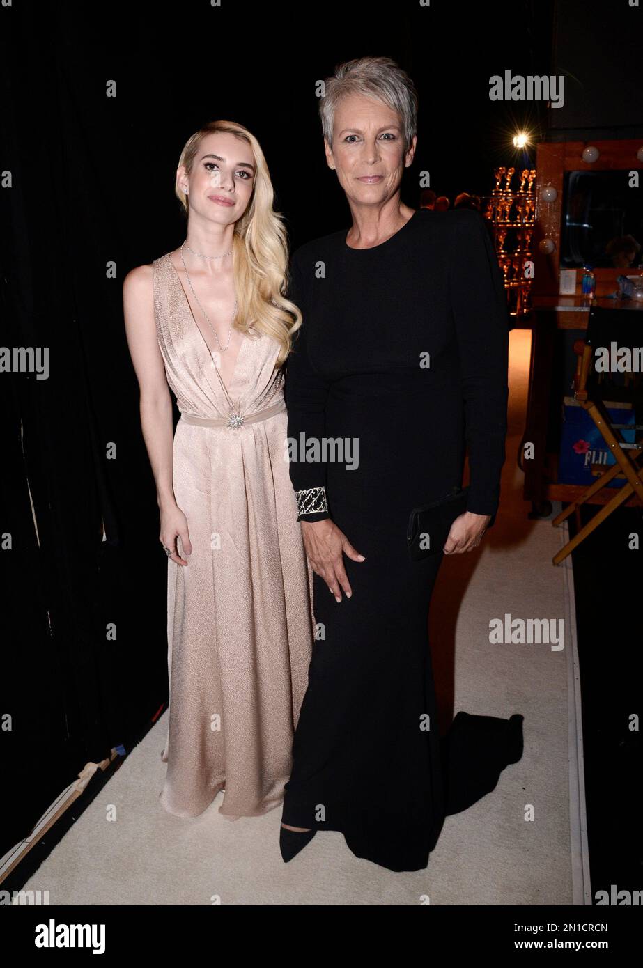Emma Roberts, left, and Jamie Lee Curtis pose backstage at the 67th ...