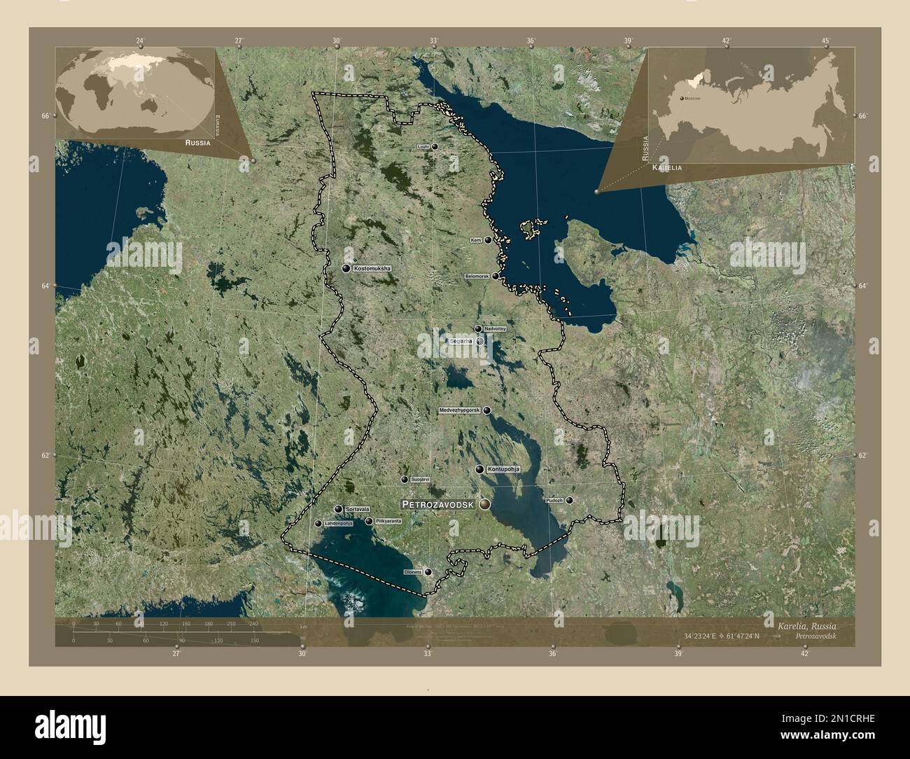 Karelia, republic of Russia. High resolution satellite map. Locations ...