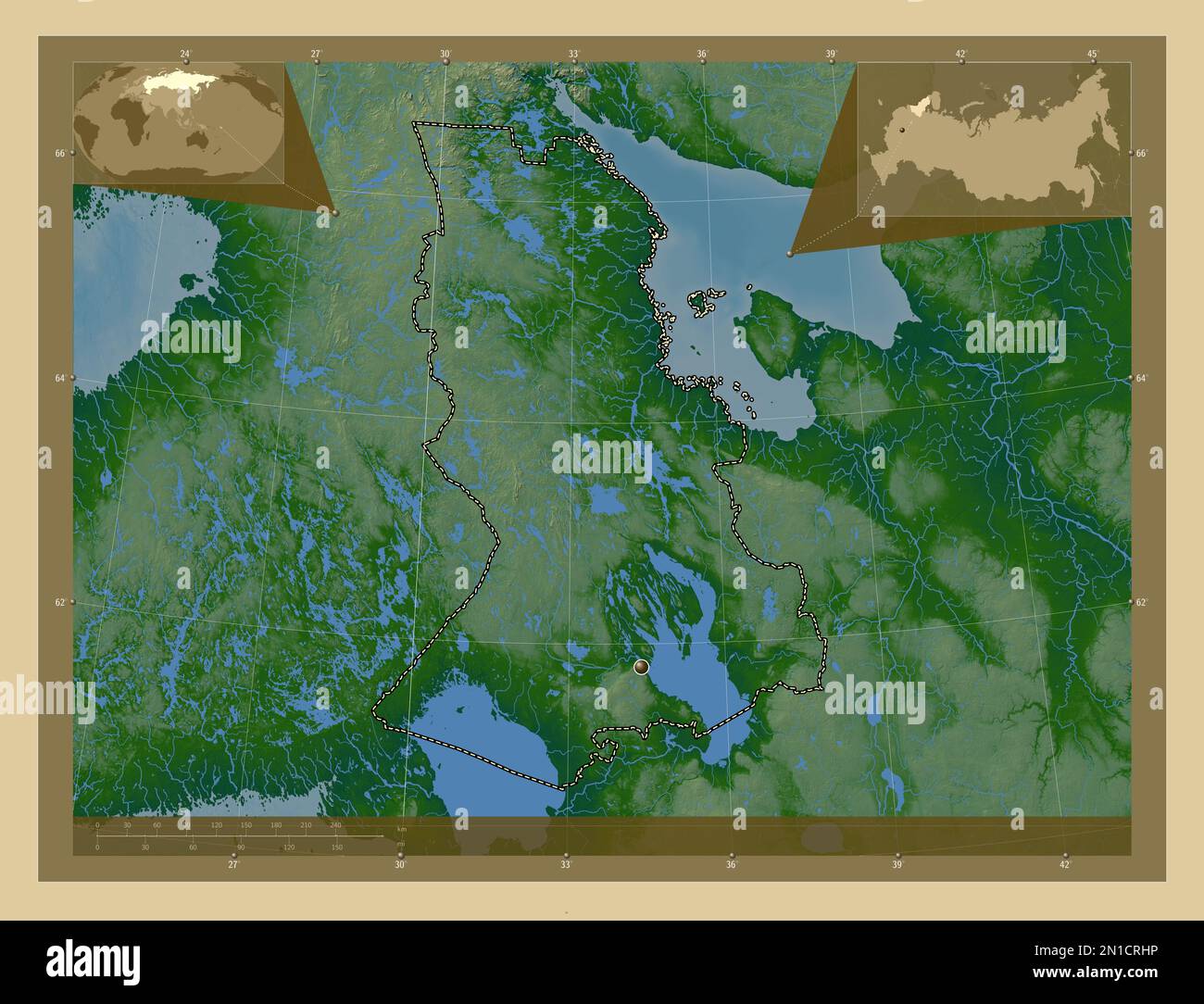 Karelia, republic of Russia. Colored elevation map with lakes and ...