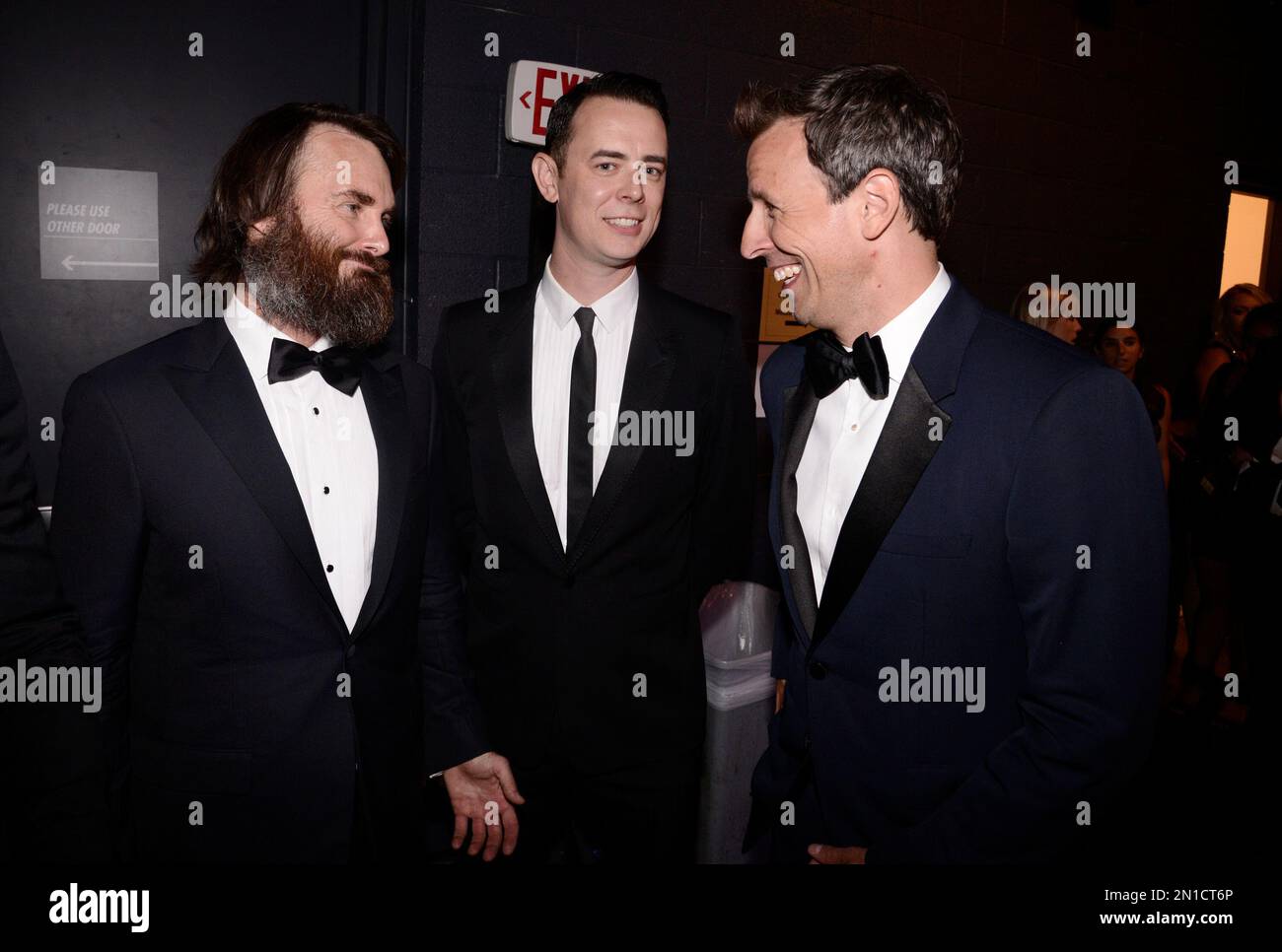 Will Forte, from left, Colin Hanks, and Seth Meyers appear backstage at ...
