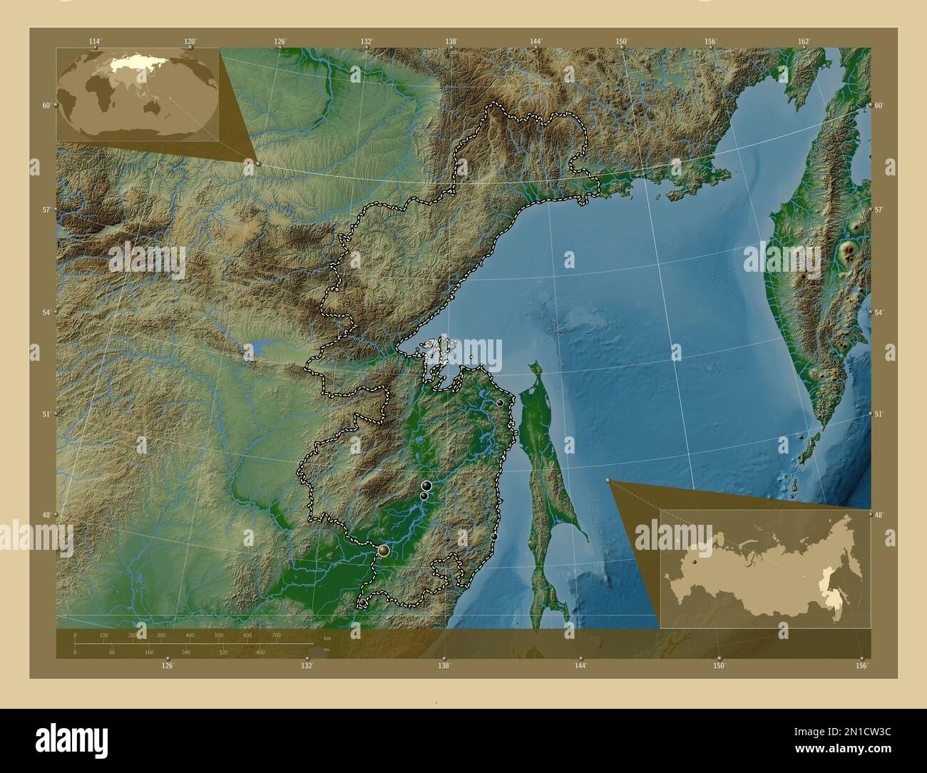 Khabarovsk, territory of Russia. Colored elevation map with lakes and ...