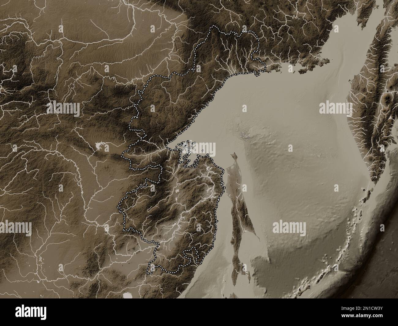 Khabarovsk, territory of Russia. Elevation map colored in sepia tones ...