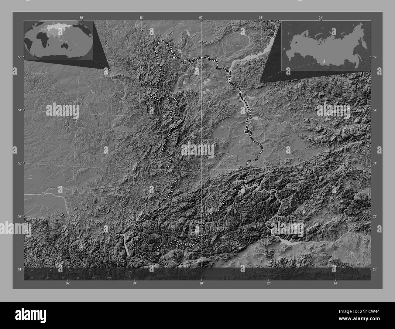 Khakass, republic of Russia. Bilevel elevation map with lakes and ...