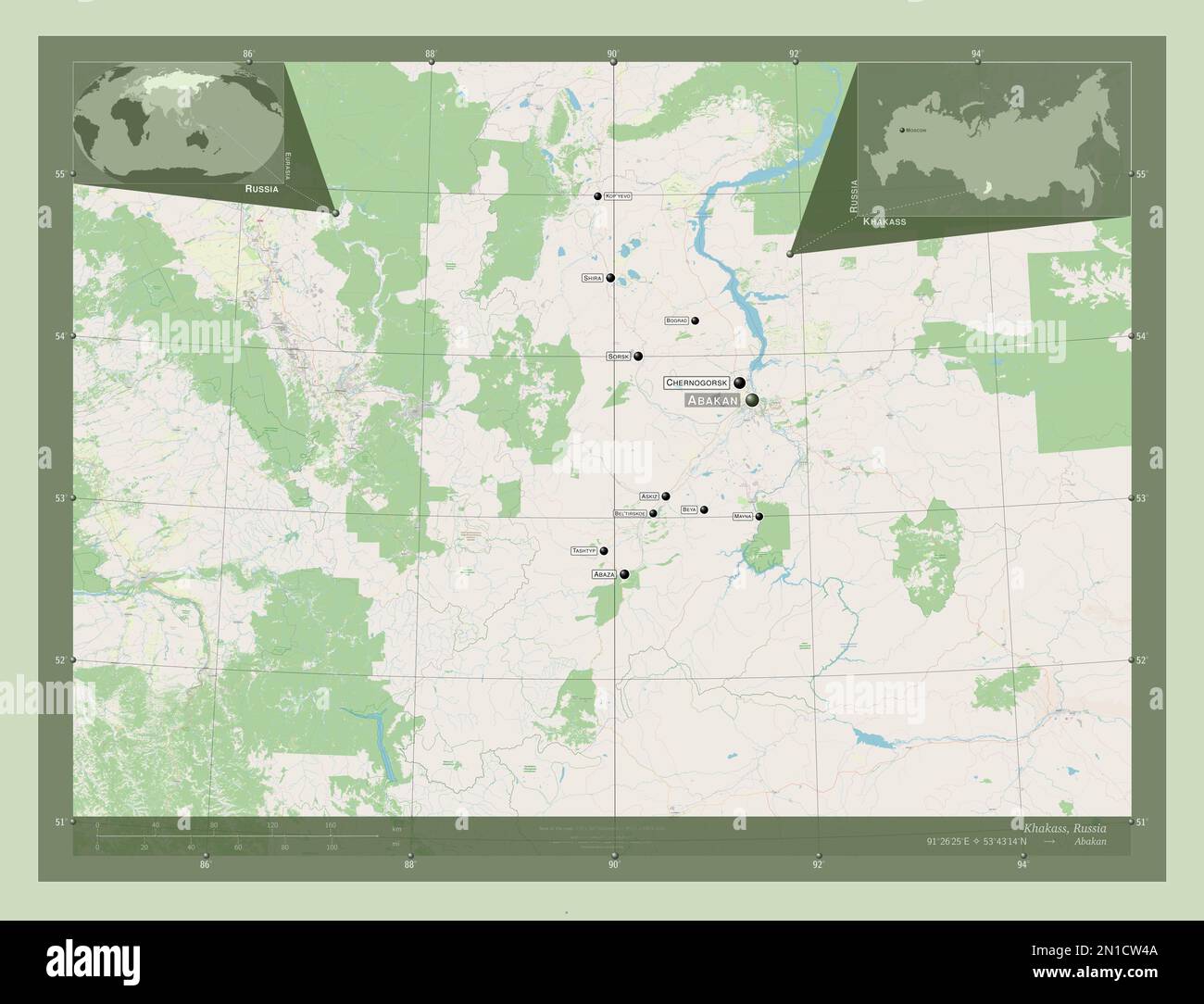 Khakass, republic of Russia. Open Street Map. Locations and names of ...