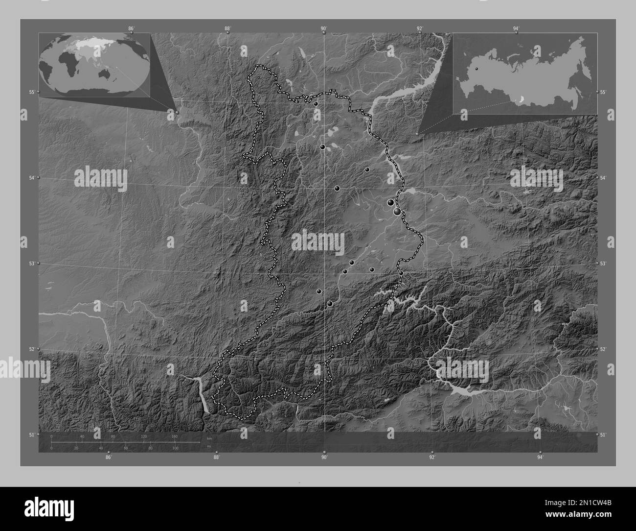 Khakass, republic of Russia. Grayscale elevation map with lakes and ...