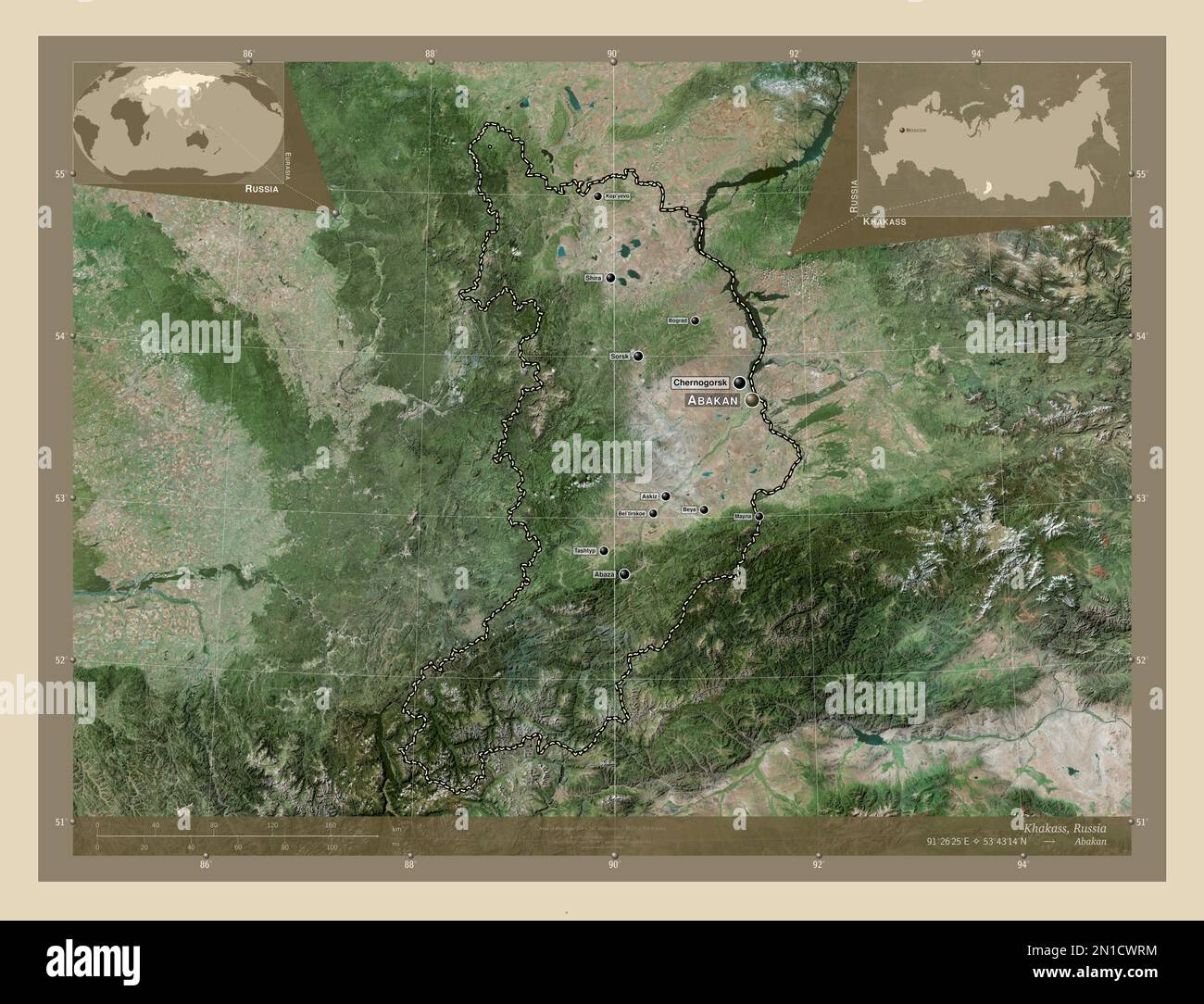 Khakass, republic of Russia. High resolution satellite map. Locations ...