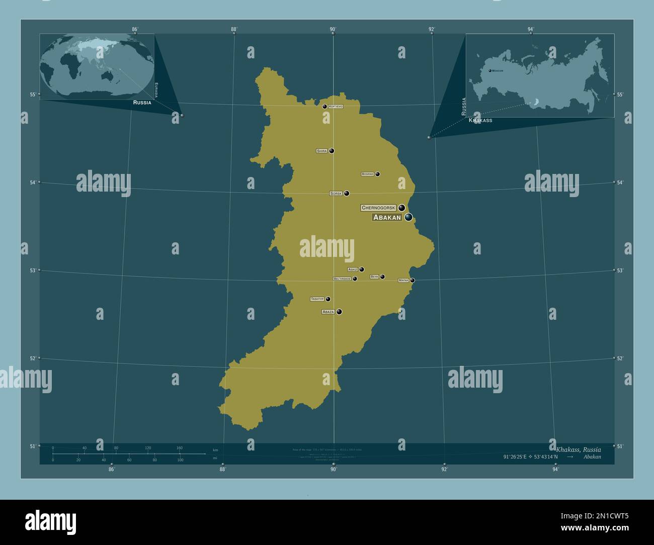 Khakass, republic of Russia. Solid color shape. Locations and names of ...