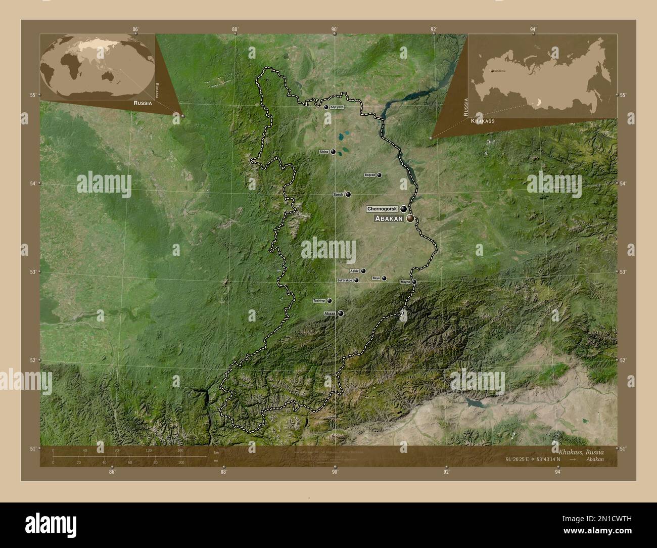 Khakass, republic of Russia. Low resolution satellite map. Locations ...