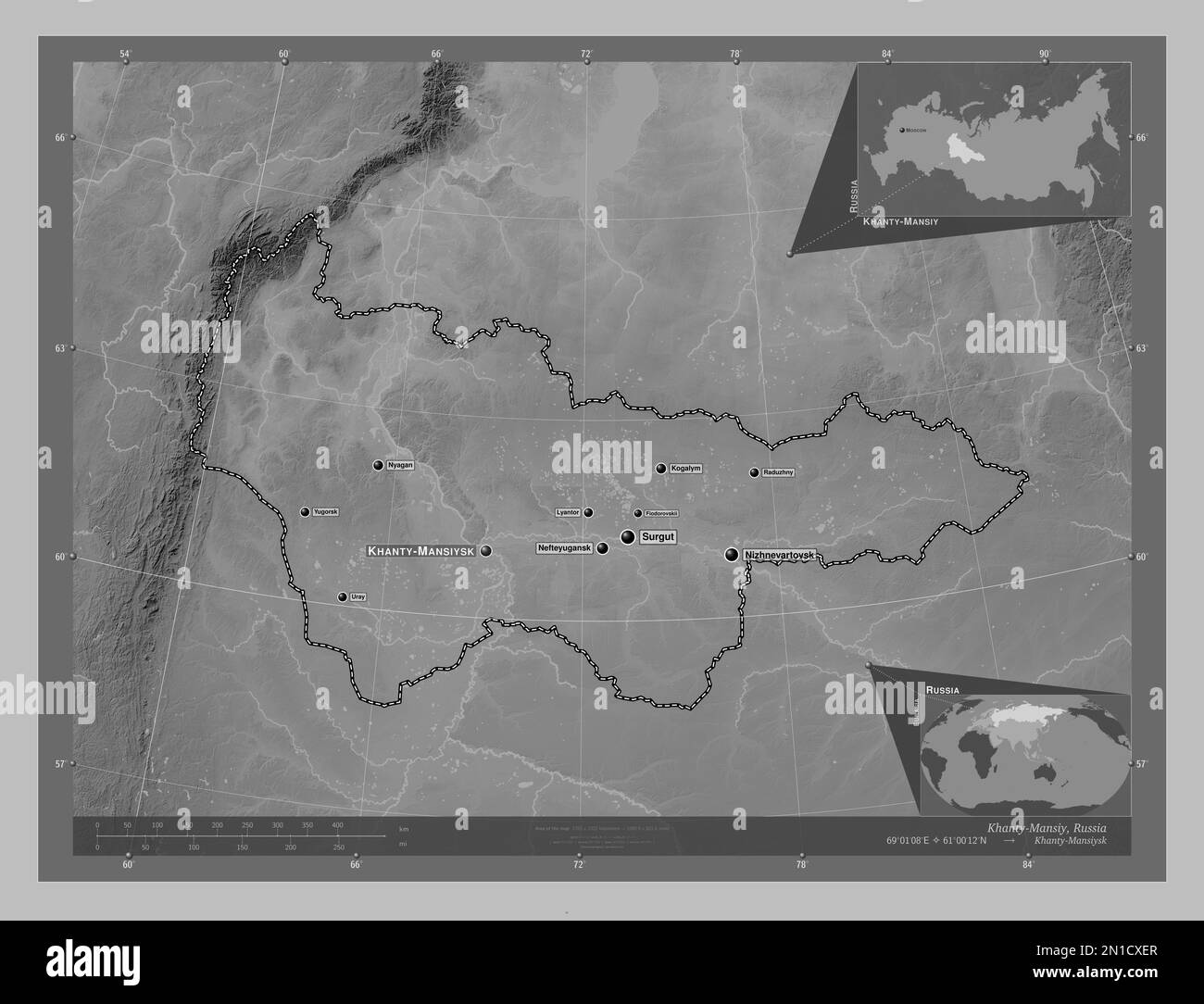Khanty-Mansiy, autonomous province of Russia. Grayscale elevation map with lakes and rivers ...
