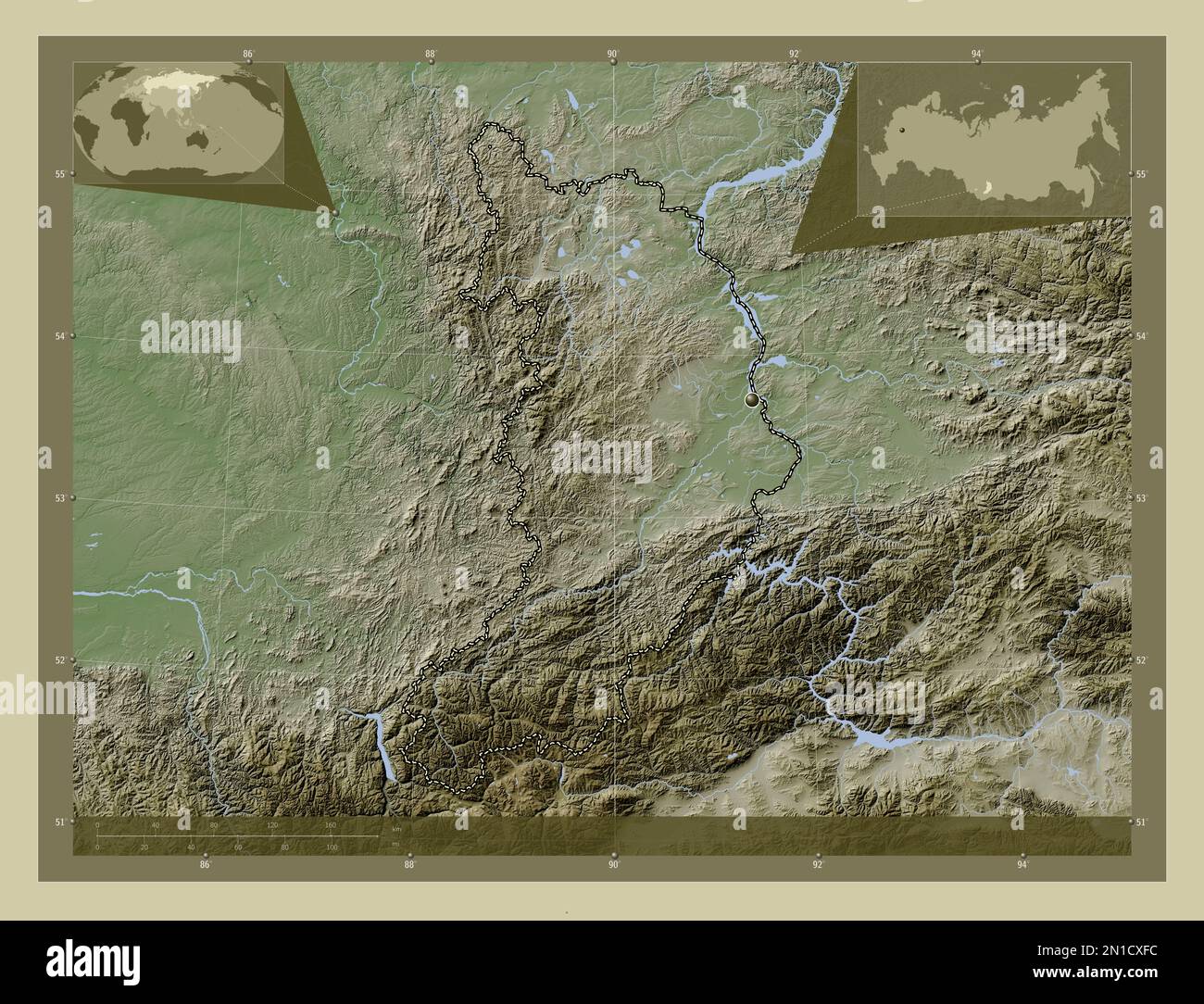 Khakass, republic of Russia. Elevation map colored in wiki style with ...