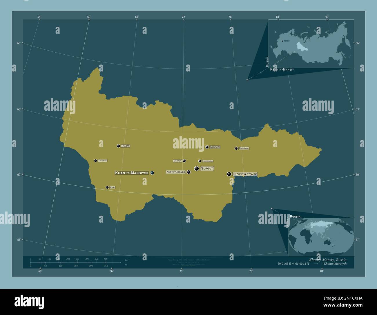 Khanty-Mansiy, autonomous province of Russia. Solid color shape. Locations and names of major ...