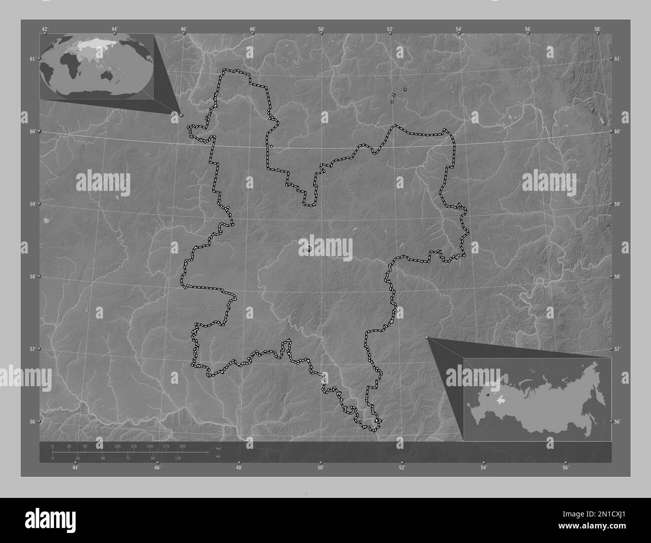 Kirov, region of Russia. Grayscale elevation map with lakes and rivers ...