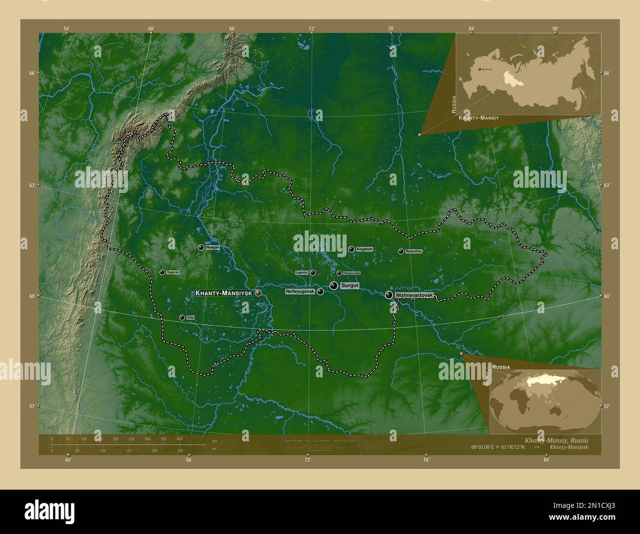 Khanty-Mansiy, autonomous province of Russia. Colored elevation map ...