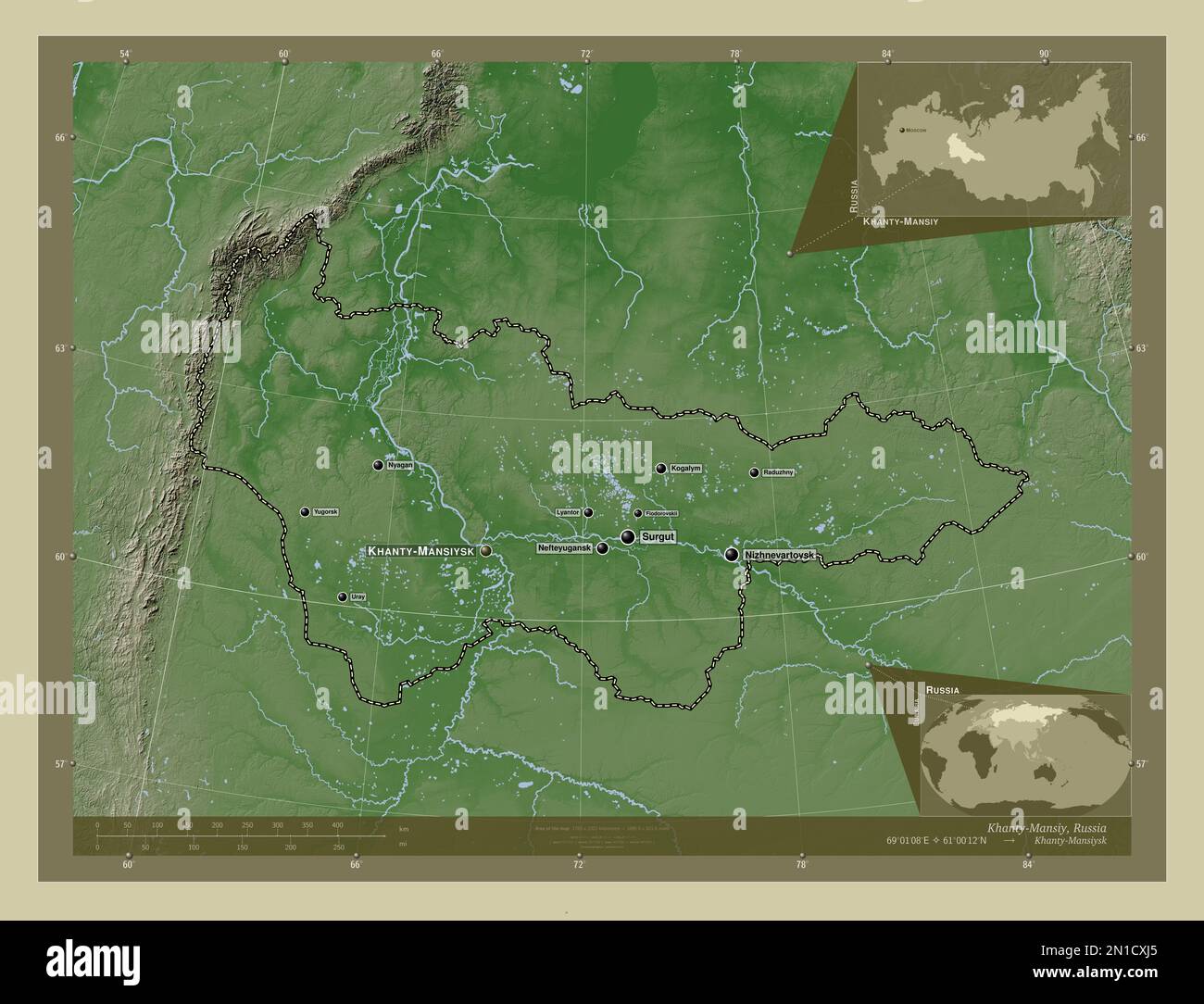 Khanty-Mansiy, autonomous province of Russia. Elevation map colored in ...