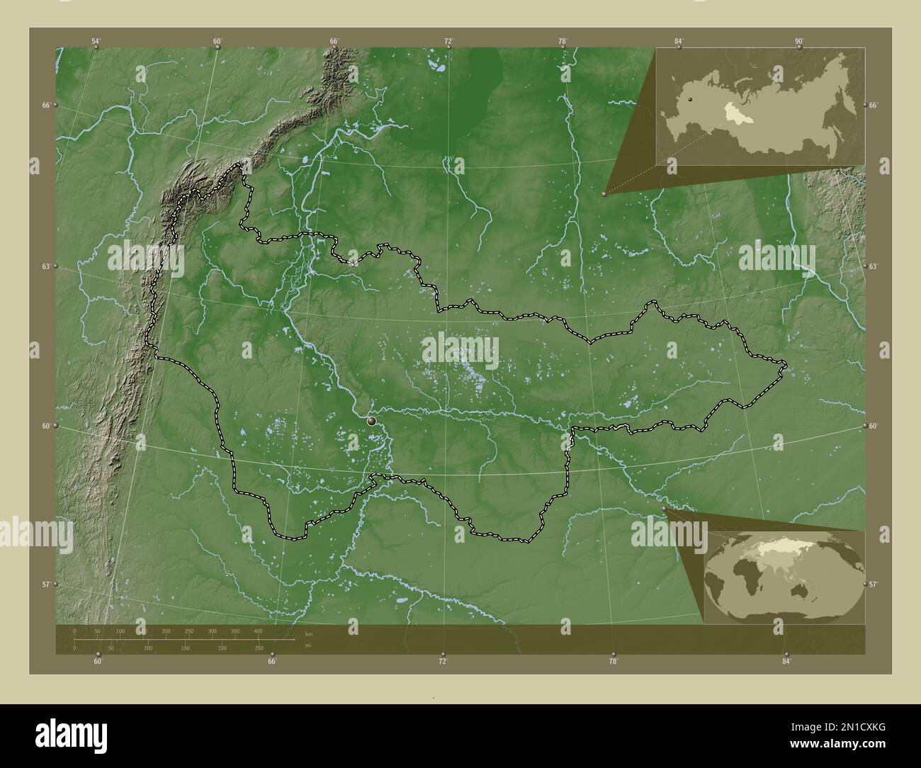 Khanty-Mansiy, autonomous province of Russia. Elevation map colored in ...