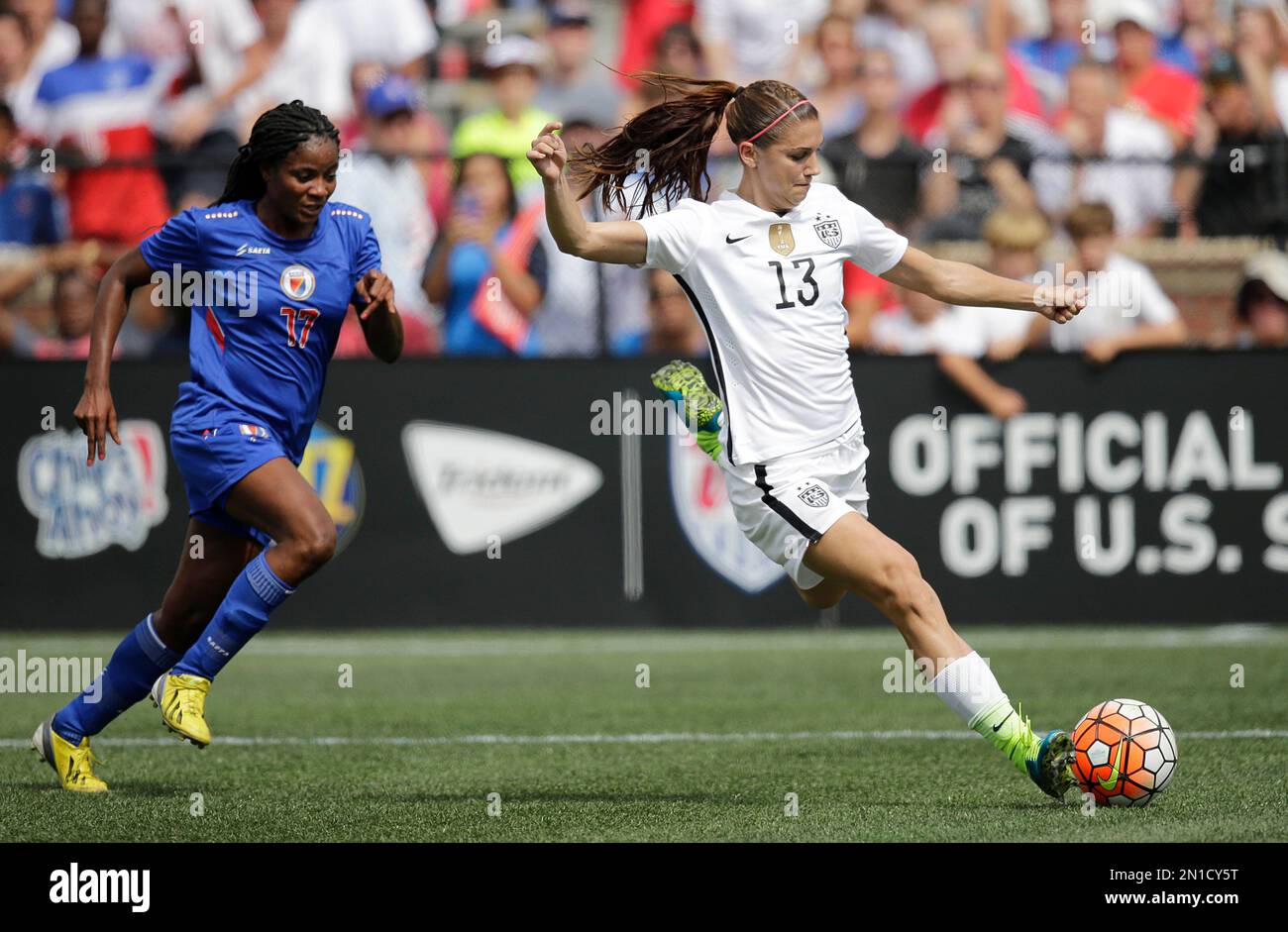 United States' Alex Morgan (13) dribbles the ball against Haiti Yvrose ...