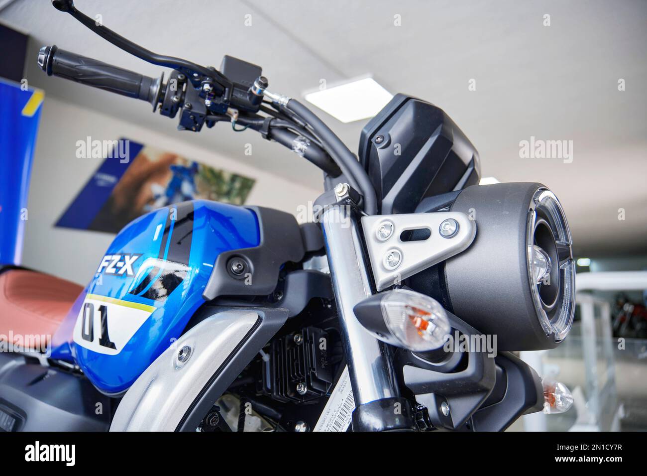 Lima, Peru 2023. Store Yamaha, FZX Connected motorcycle is on display ...
